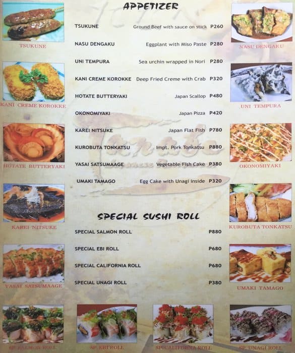 Menu at Tanabe Japanese Restaurant, Manila