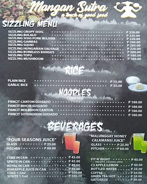 Menu at Mangan Sutra restaurant, Quezon City