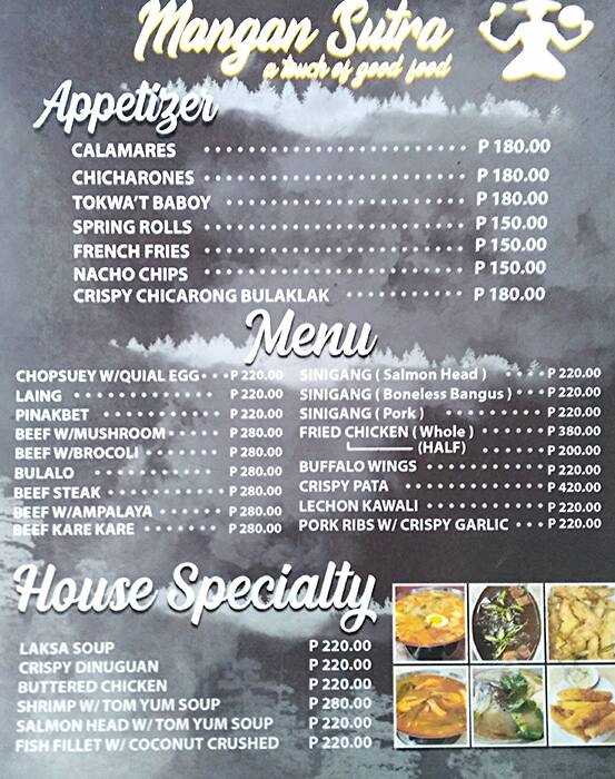 Menu at Mangan Sutra restaurant, Quezon City