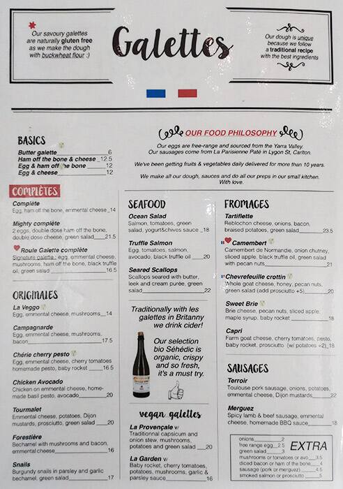 Menu at Roule Galette restaurant, Melbourne, Scott Alley