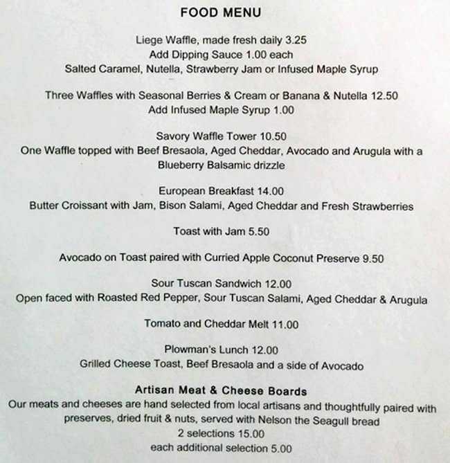 Menu at Café Orso, Canada