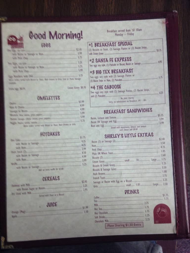 Menu at Santa FE & SP Cafe, Brenham