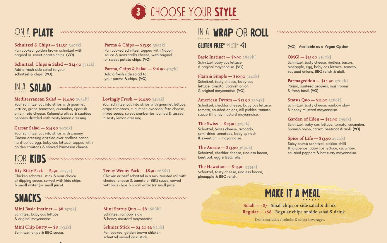 Menu at Schnitz Robina restaurant, Robina, Tenancy 2034