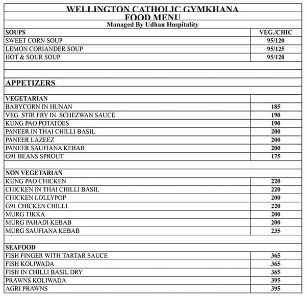 Menu of Willingdon Catholic Gymkhana, Santacruz West, Mumbai