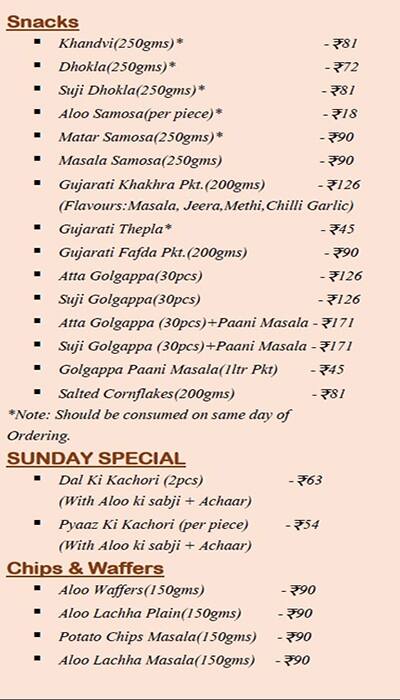Menu at Shree Giriraj Namkeen, New Delhi