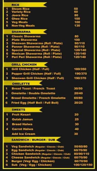 Menu of King Foods, Auroville, Puducherry