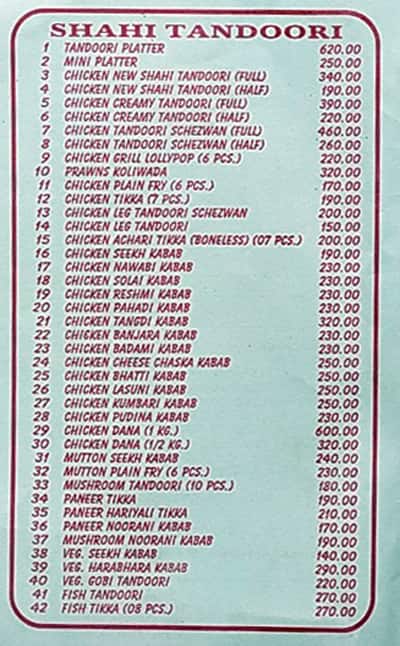 Menu of New Shahi Restaurant, Mira Road (E), Mumbai