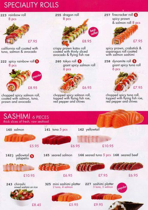 Menu at You Me Sushi restaurant, London, 37 Tottenham Court Rd