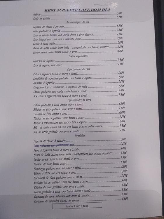 Menu at Bom Dia cafe, Lisbon, R. Viriato 8