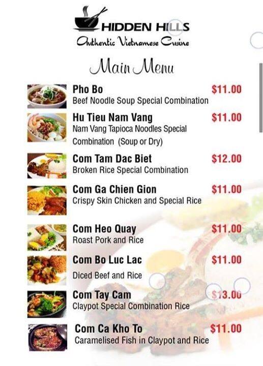 Carta del restaurante Hidden Hills, Coromandel Valley