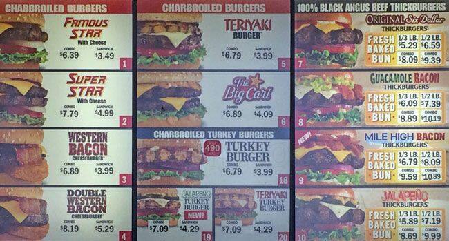 Menu at Carl's Jr fast food, San Jose, Branham Ln