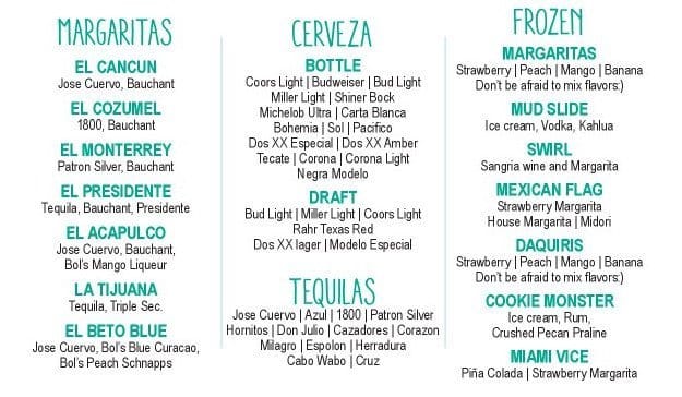 Menu at Beto's Mexican restaurant, Grand Prairie