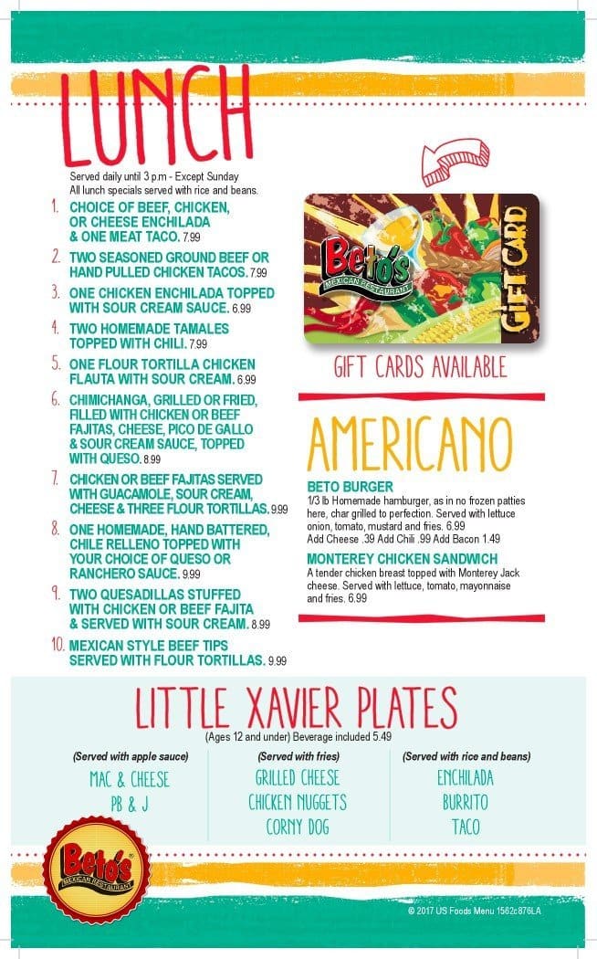 Menu at Beto's Mexican restaurant, Grand Prairie