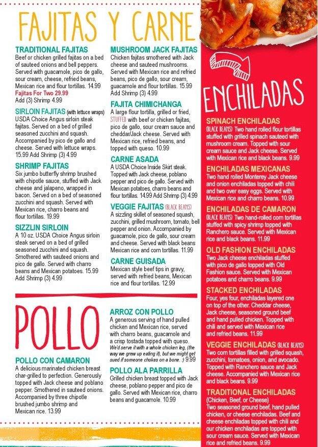 Menu at Beto's Mexican restaurant, Grand Prairie