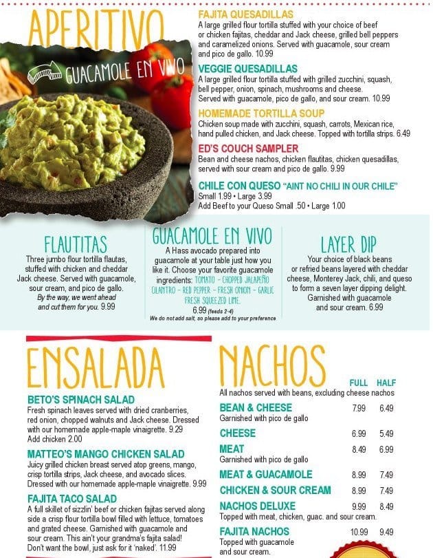 Menu at Beto's Mexican restaurant, Grand Prairie