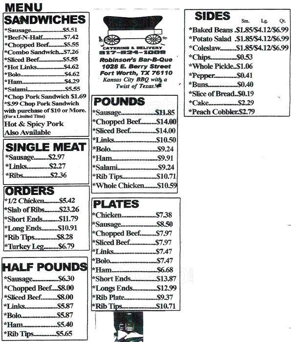 Menu at Robinson's bar-b-que, Fort Worth