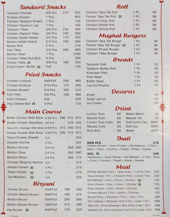 Menu of Nazeer Foods, Kalkaji, New Delhi
