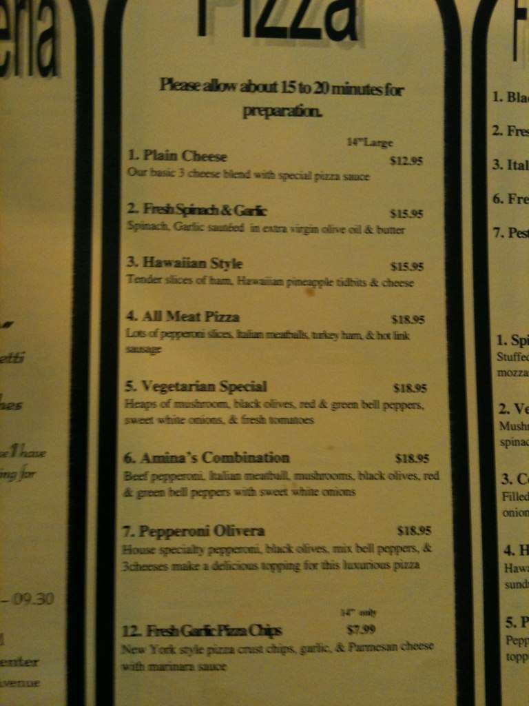 Menu at Amina Pizzeria, Honolulu