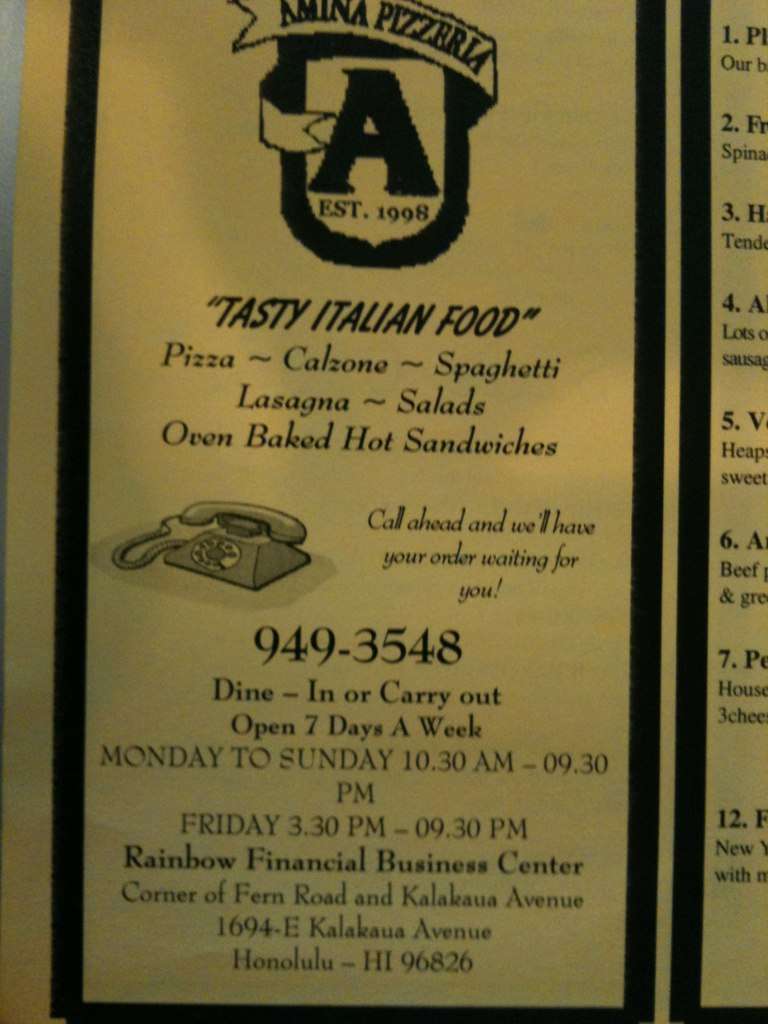 Menu at Amina Pizzeria, Honolulu