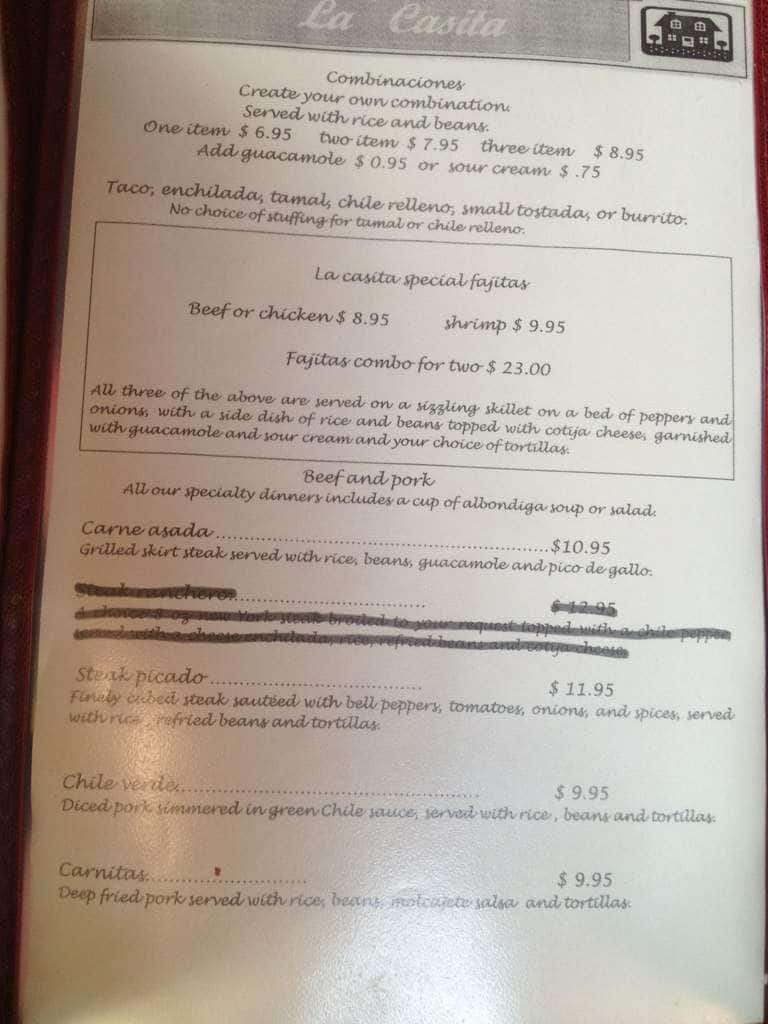 Menu at La Casita restaurant, Cortez