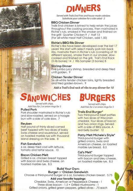 Menu at Trails End pub & bar, Chief Lake, Co Hwy K