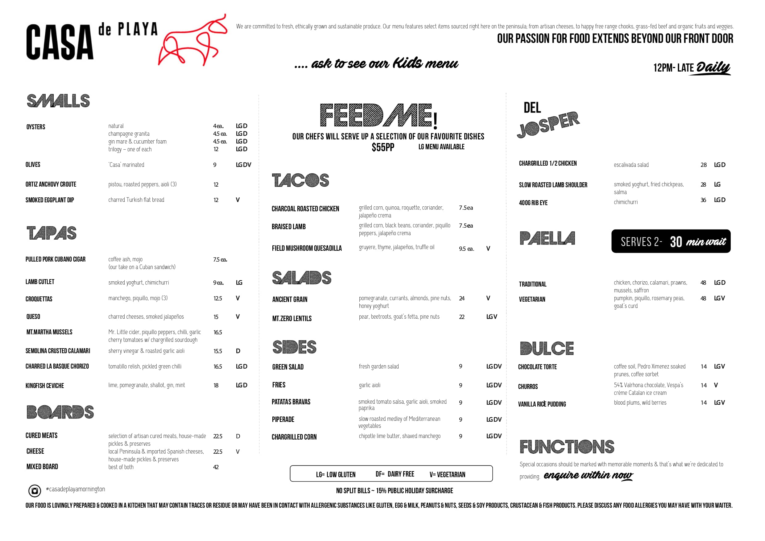 Menu at Casa de playa restaurant, Mornington