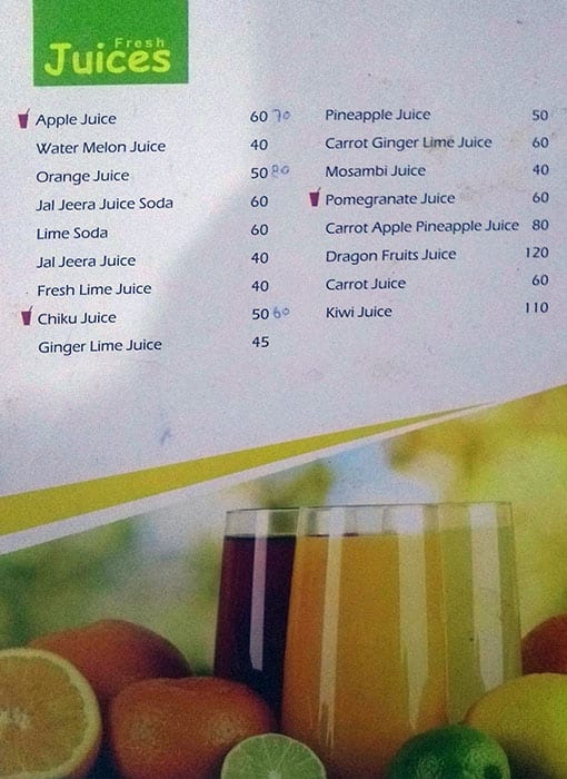 Menu at Juice point, Hyderabad, Plot 208