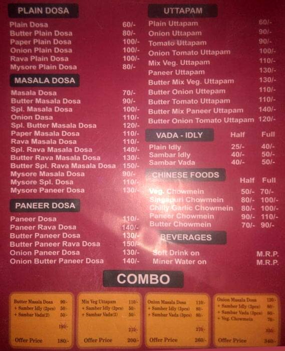 Menu of South Indian Foods, Shalimar Bagh, New Delhi