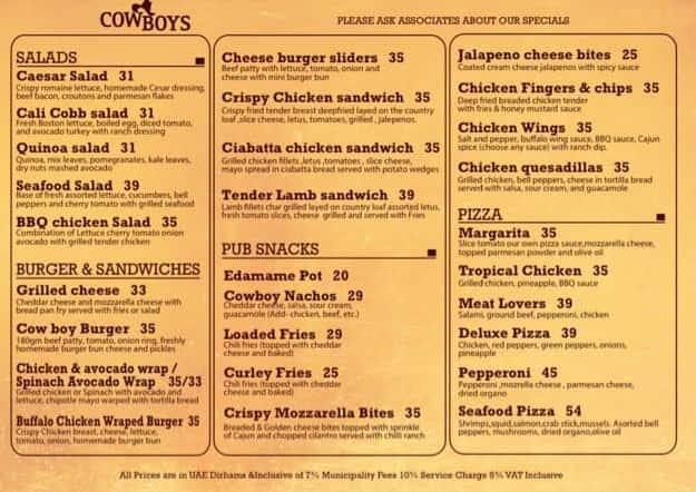 Menu of Cowboys - President Hotel, Al Karama, Dubai