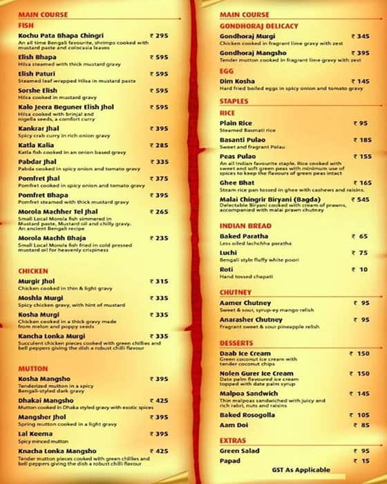 Menu at Koshe Kosha, Kolkata, FE-18