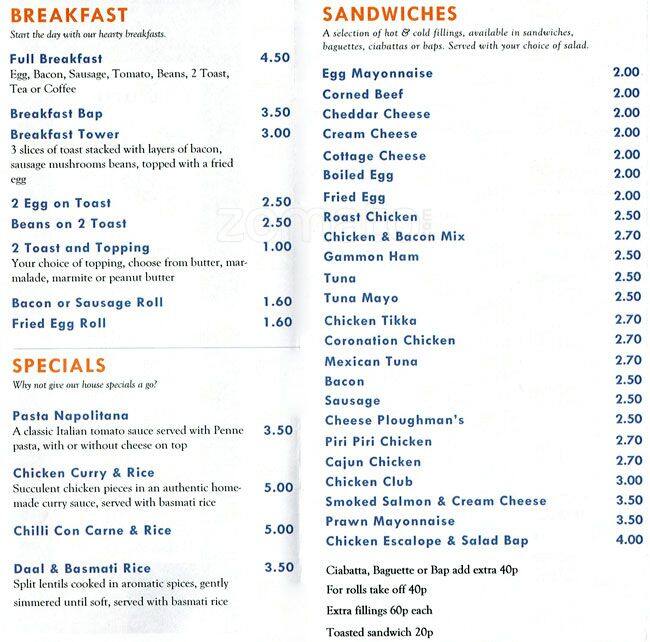Menu at Euro Sandwich Bar, London