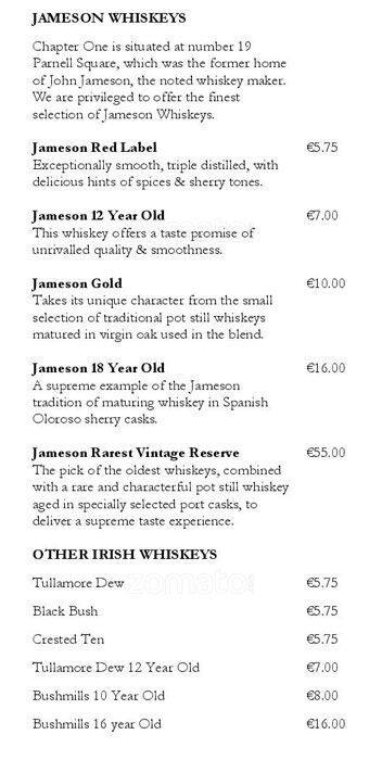 Menu at Chapter One restaurant, Dublin