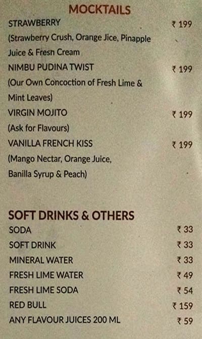 Menu at Barcode, Hyderabad