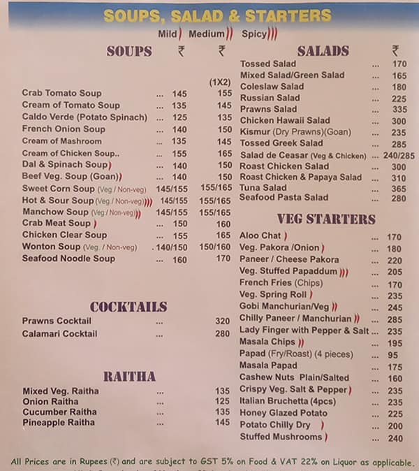 Menu of Johncy, Benaulim, Goa