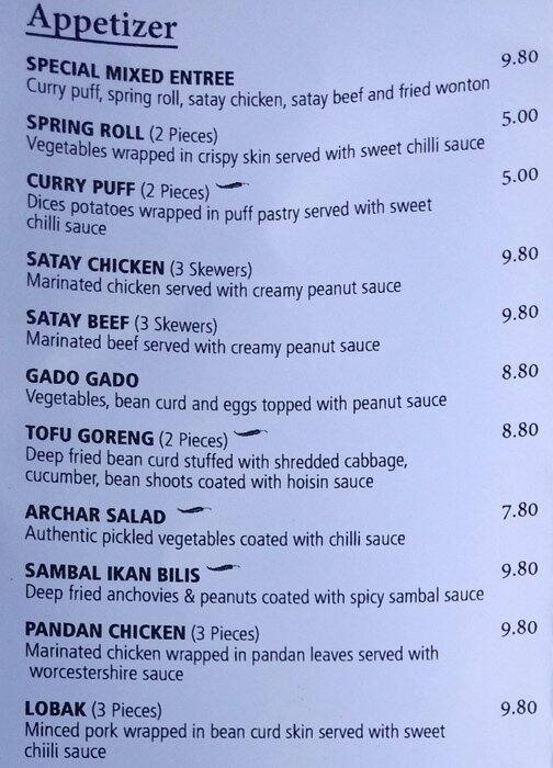 Menu at Ah'Loys Malaysian restaurant, Brighton