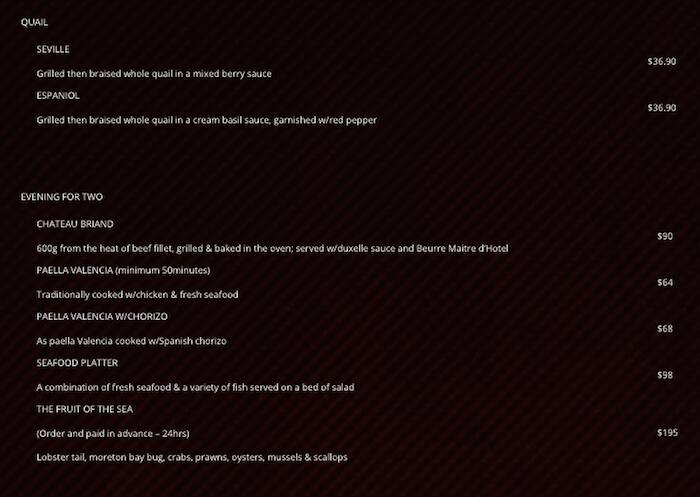 Menu at Boleros restaurant, Warrandyte