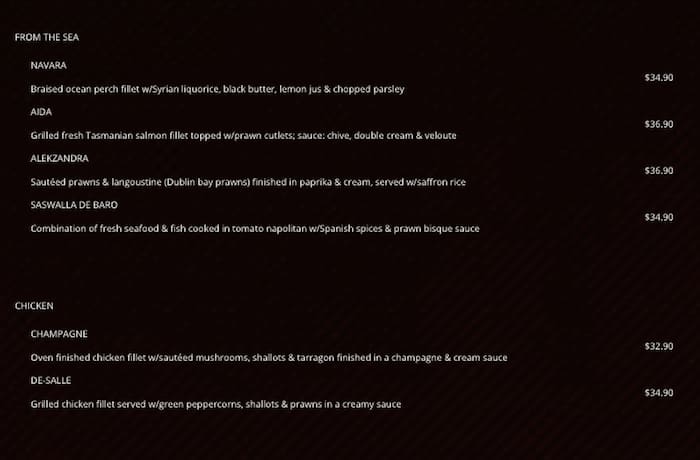 Menu at Boleros restaurant, Warrandyte