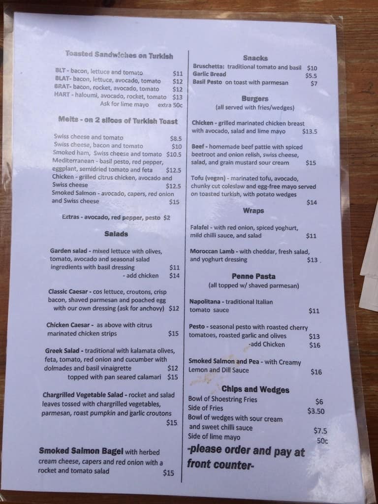 Menu at Dragonfly Cafe, Lismore