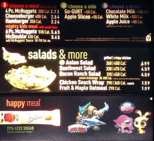 Menu at McDonald's fast food, Austin, TX-71 W