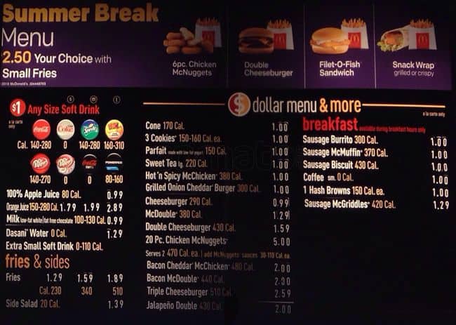 Menu at McDonald's fast food, Austin, TX-71 W