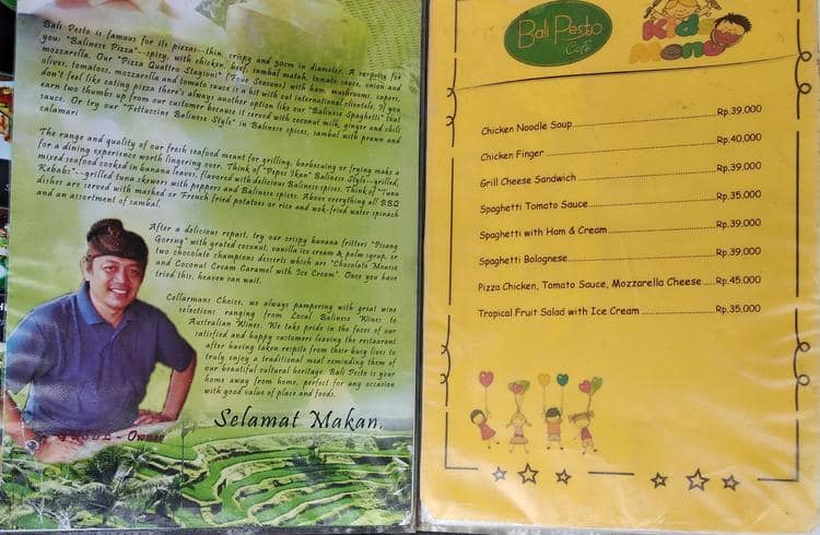 Menu at Bali Pesto Cafe Ubud Restaurant, Ubud