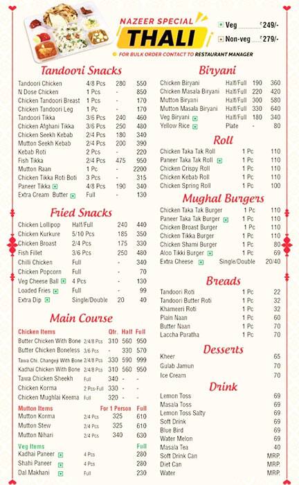 Menu of Nazeer Foods, Jasola, New Delhi