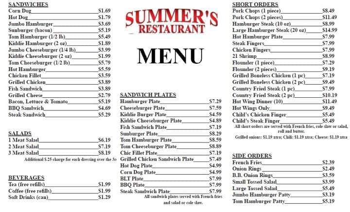 Menu at Summer's Restaurant, Newberry