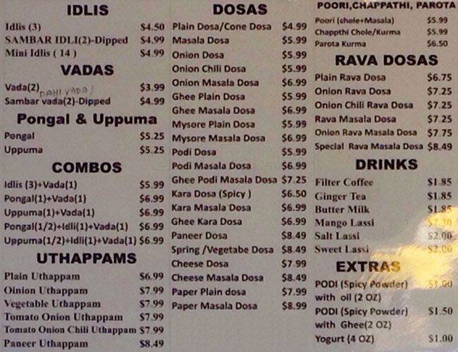 Menu at Madurai Idli Kadai restaurant, Sunnyvale