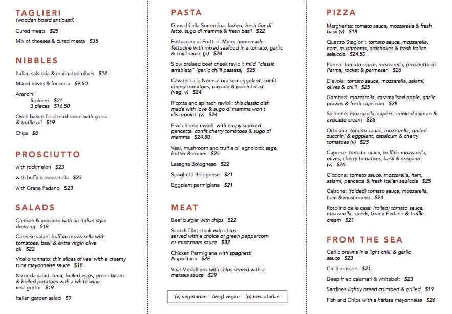 Menu at Spritz spizzicheria restaurant, Mount Hawthorn
