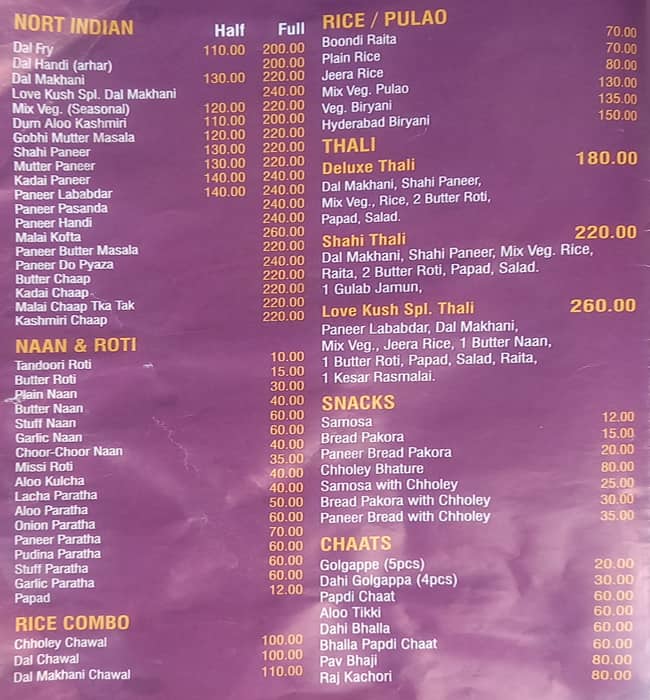 Menu of Love Kush Sweets, Badarpur Border, Faridabad