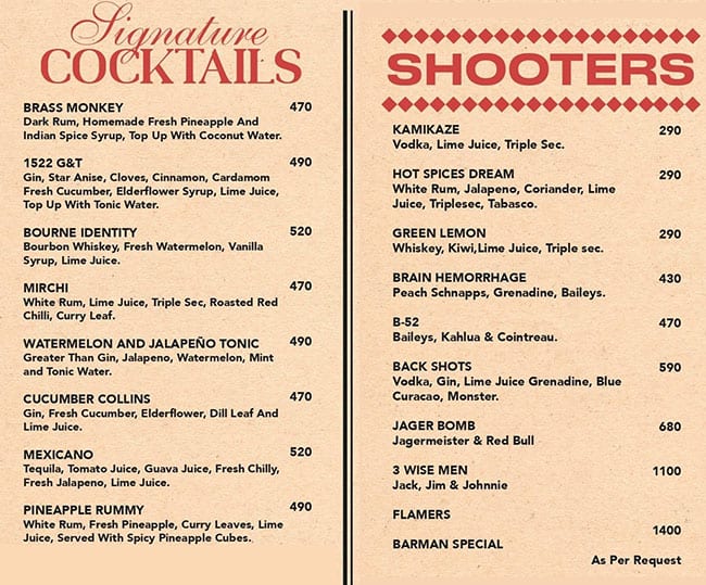 Menu of 1522 - The Pub, Residency Road, Bangalore