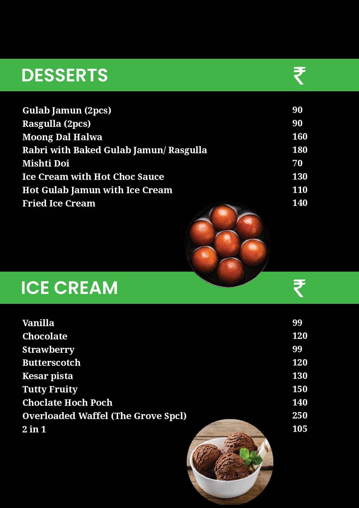 Menu of The Grove, Kanka, Ranchi