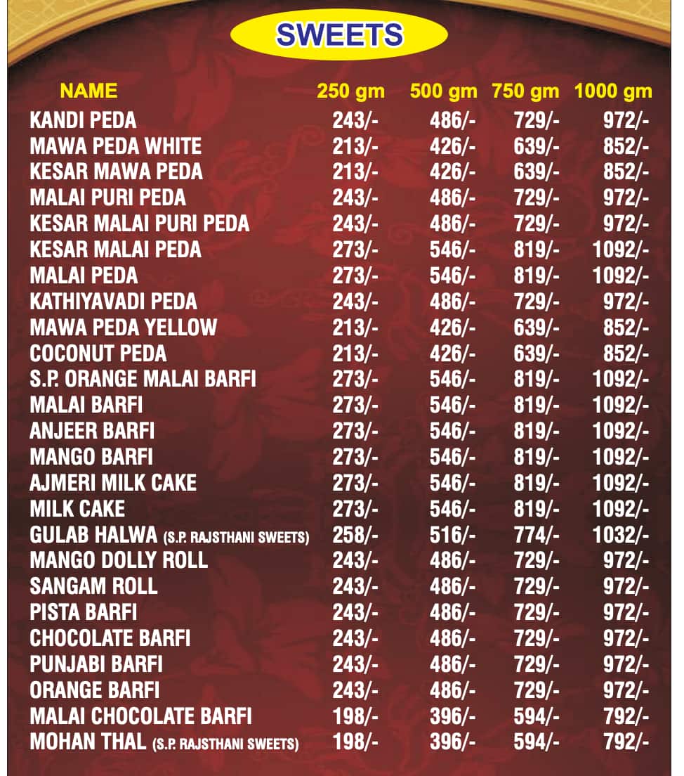 Menu of Maharaja Sweets, Mira Road, Mumbai
