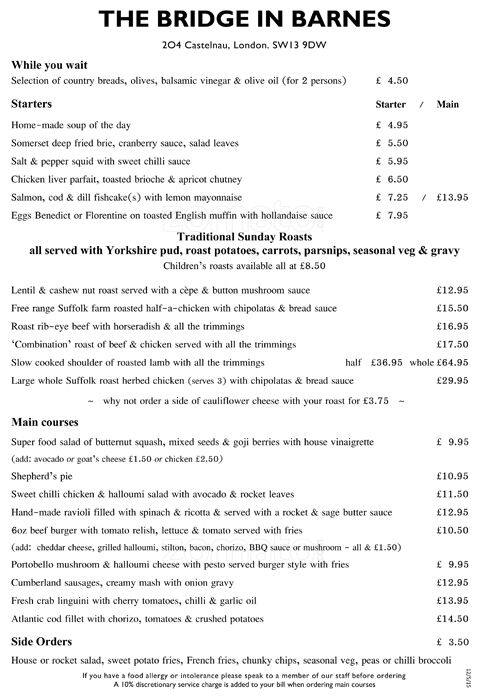 Menu at The Bridge pub & bar, London, 204 Castelnau